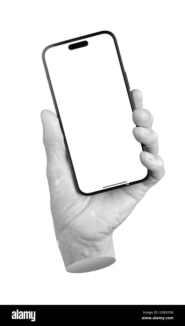 Elderly female hand holding a smartphone with a blank screen. Wrinkled ...