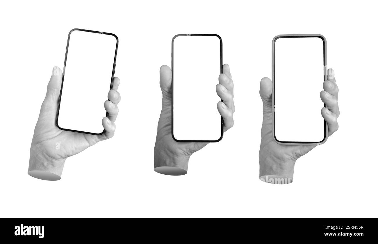 Set of elderly female hands holding smartphones with blank screens ...