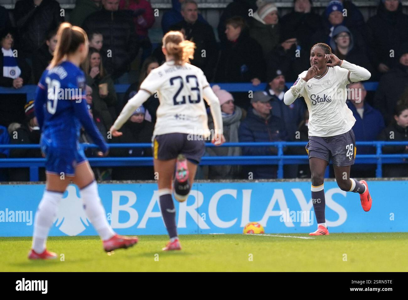 Everton's Kelly Gago (right) scores their side's first goal of the game ...