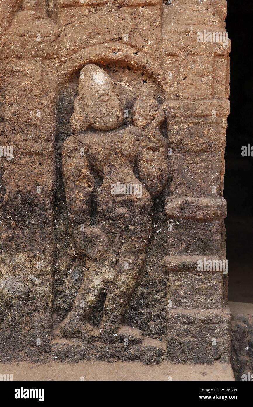 River goddess carved on wall in cave, Gaur Lene, Panhale Kazi caves ...