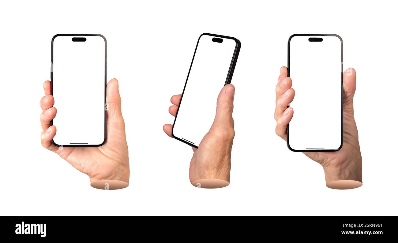 Set of elderly female hands holding smartphones with blank screens from ...