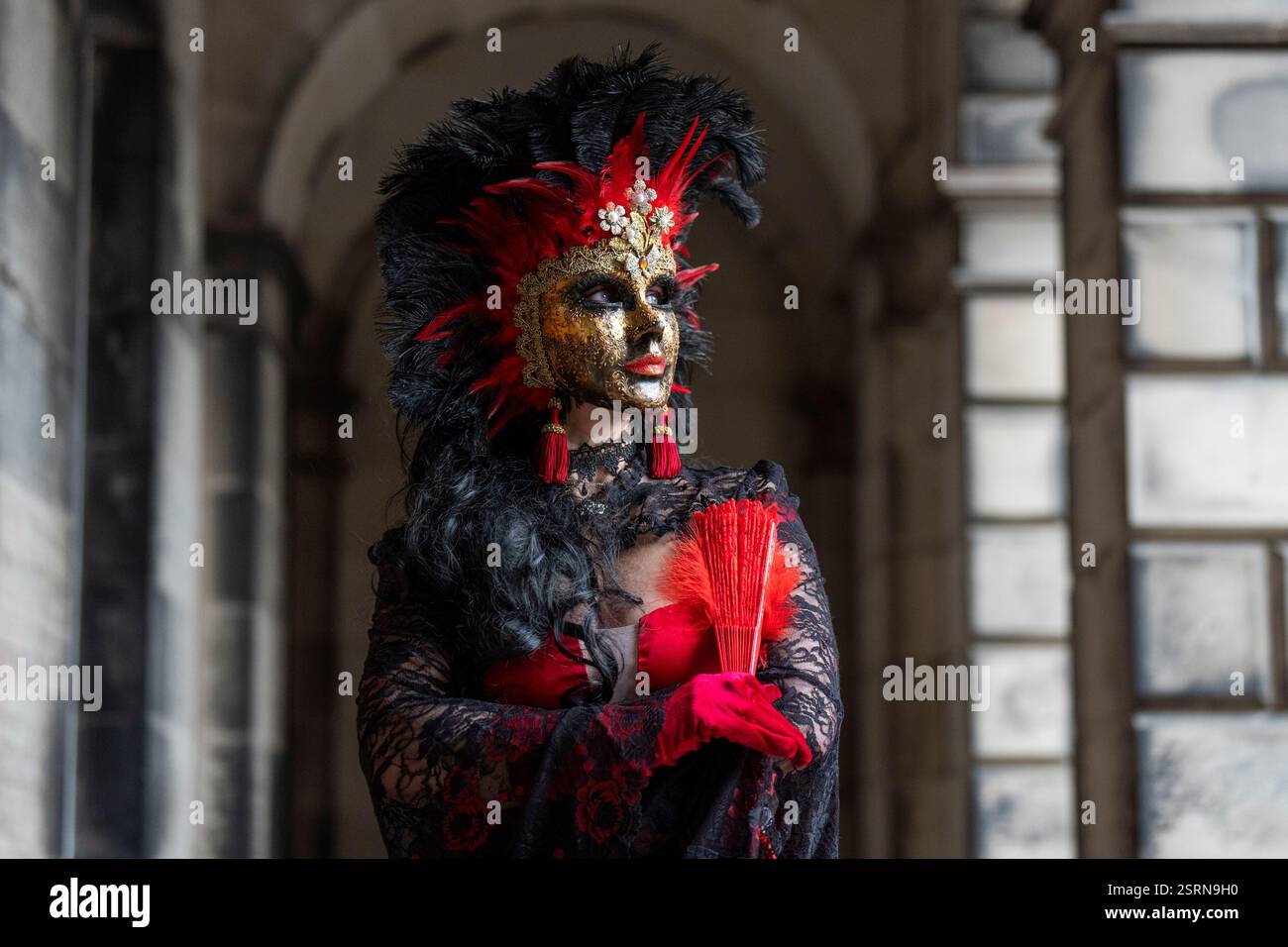 Edinburgh mask maker Lorraine Pritchard wears one of her new Venetian ...