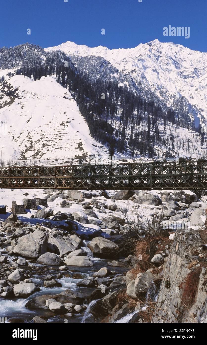 Aerial view of suspension bridge, Manali, Himachal Pradesh, India, Asia ...