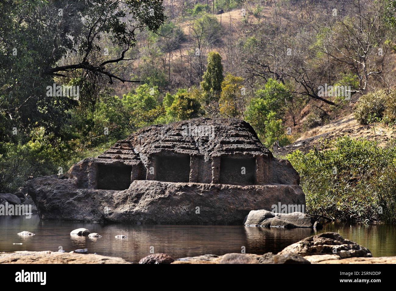 Carved stone in river thirteenth or fourteenth AD, Panhale Kazi cave ...