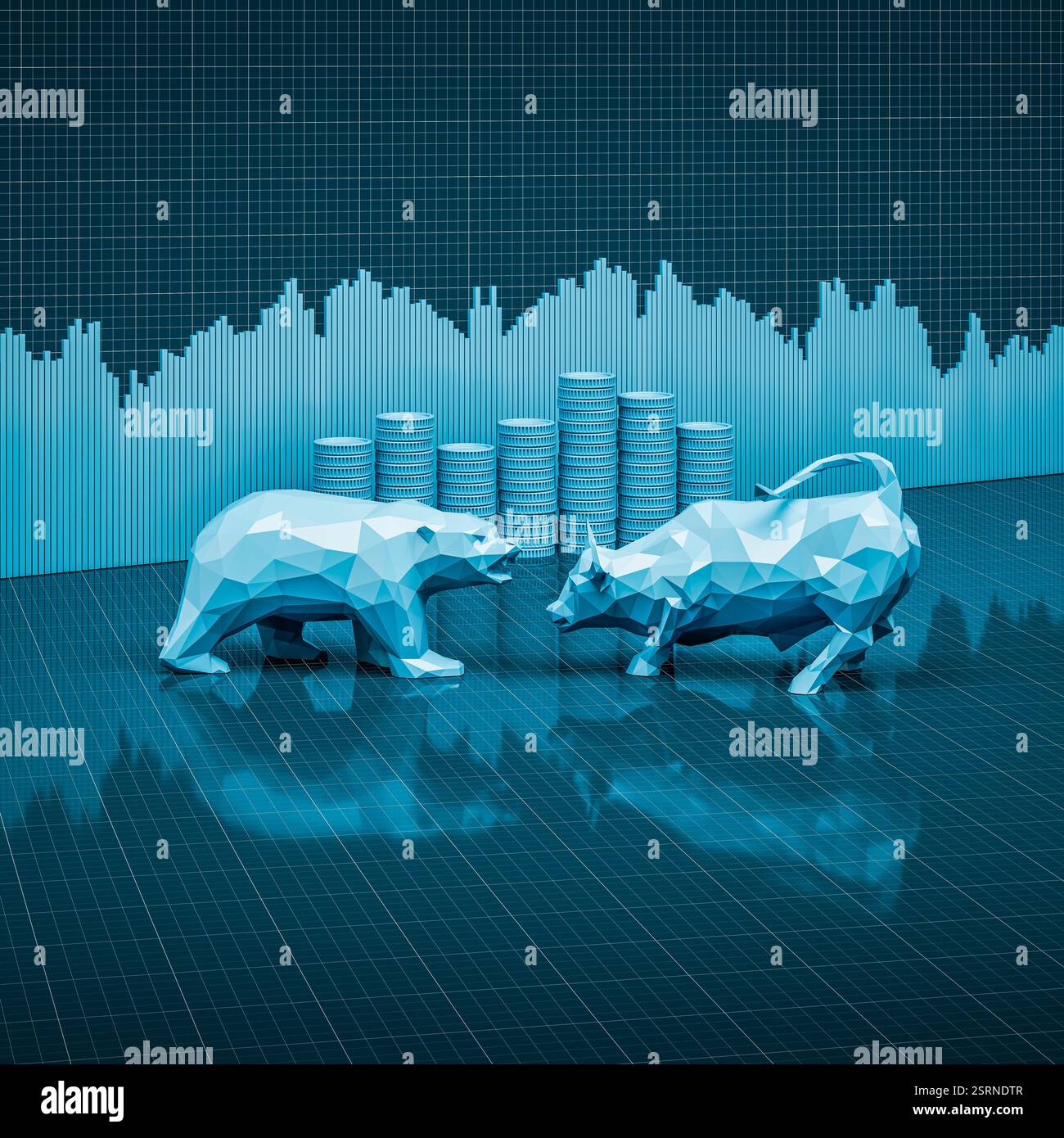 Bull and Bear in blue in front of a bar graph and stacks of coins ...