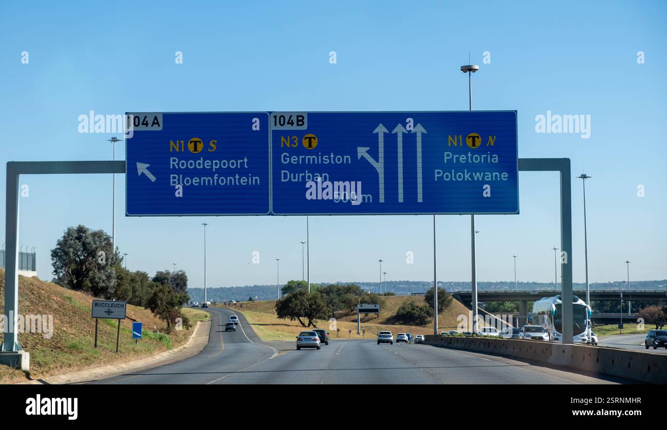 October 23, 2024. South Africa. Highway sign over a multiple lane road ...