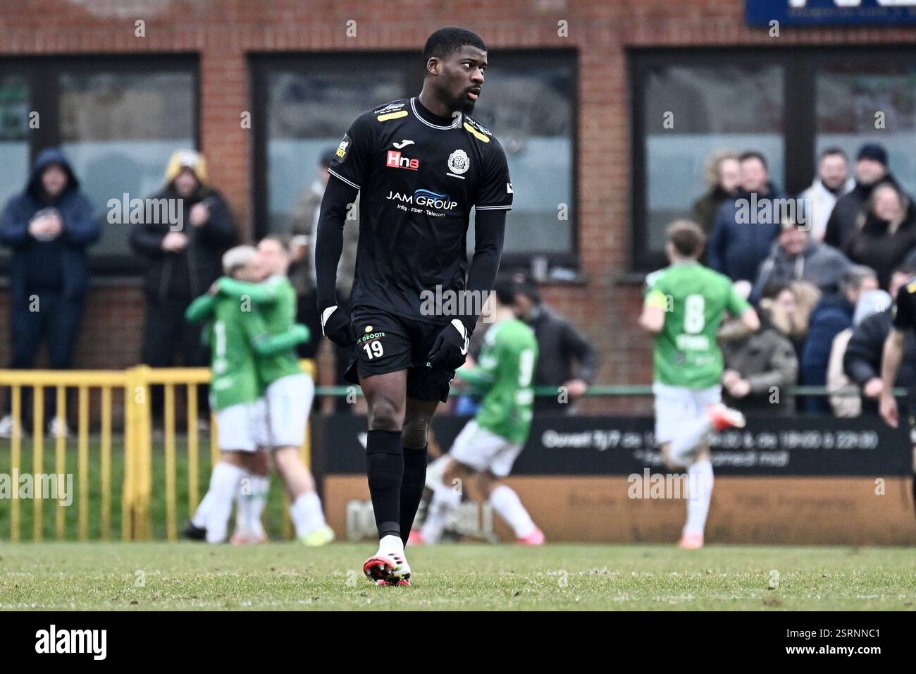 Boussu, Belgium. 16th Feb, 2025. Lokeren's Samuel Ntamack looks ...