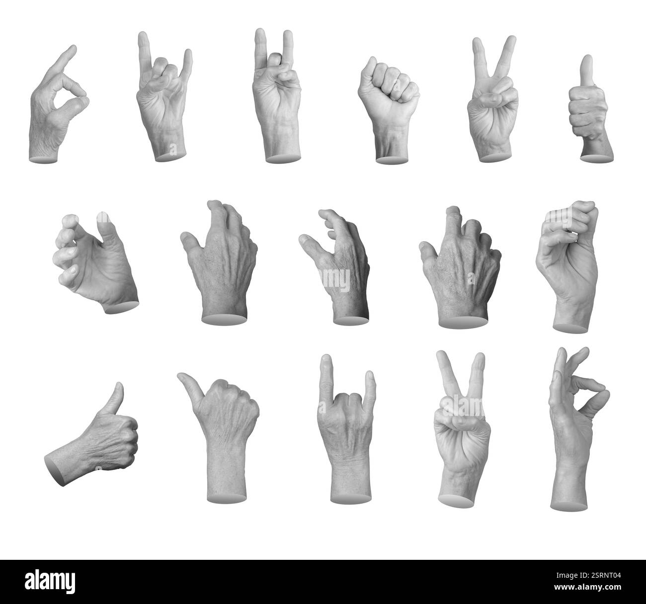 Set of elderly female hands making various gestures, including thumbs ...