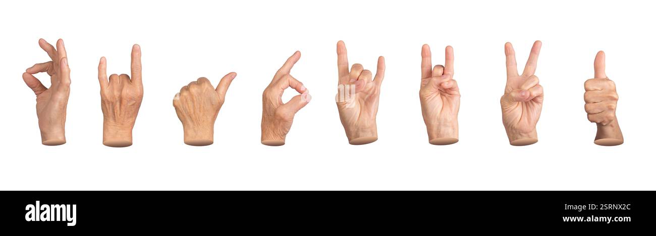 Collection of elderly female hands displaying various gestures ...