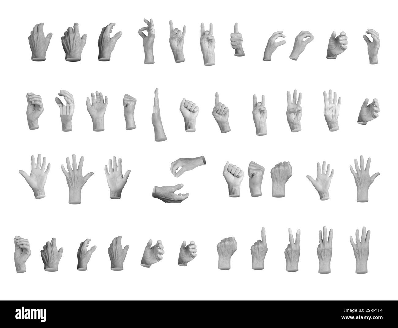 Set of elderly female hands making various gestures, including thumbs up, OK sign, peace ...