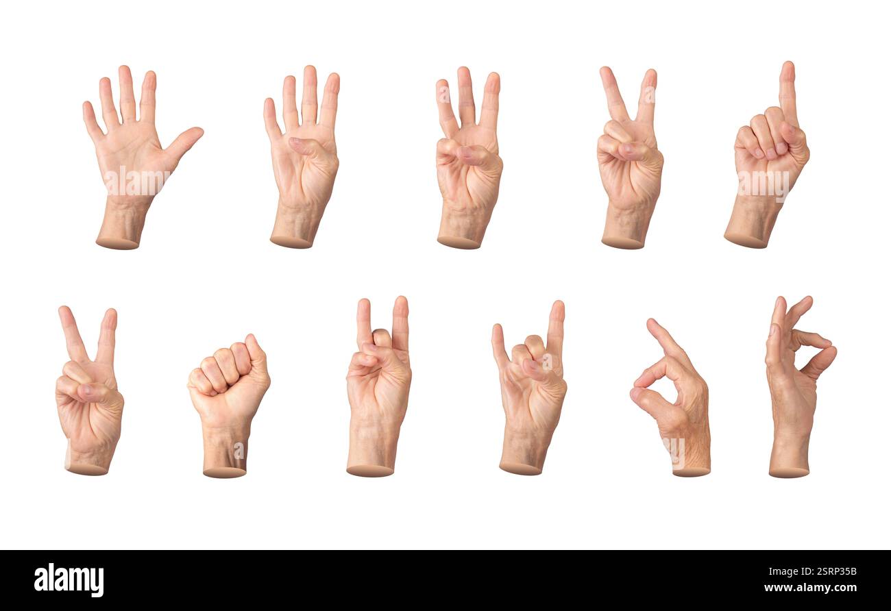 Set of elderly female hands displaying various gestures, including counting from one to five ...