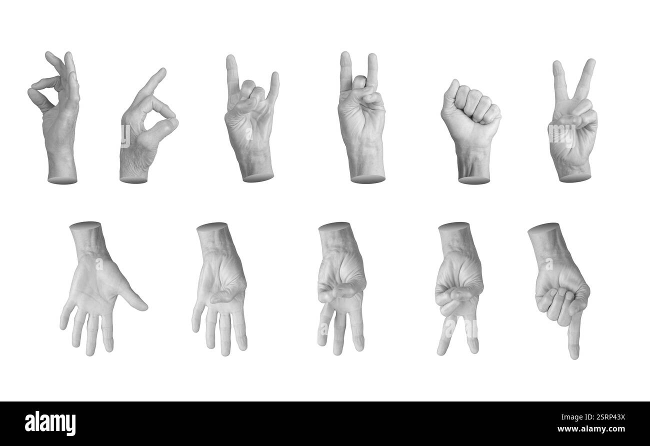 Set of elderly female hands making various gestures, including thumbs up, OK sign, peace sign ...
