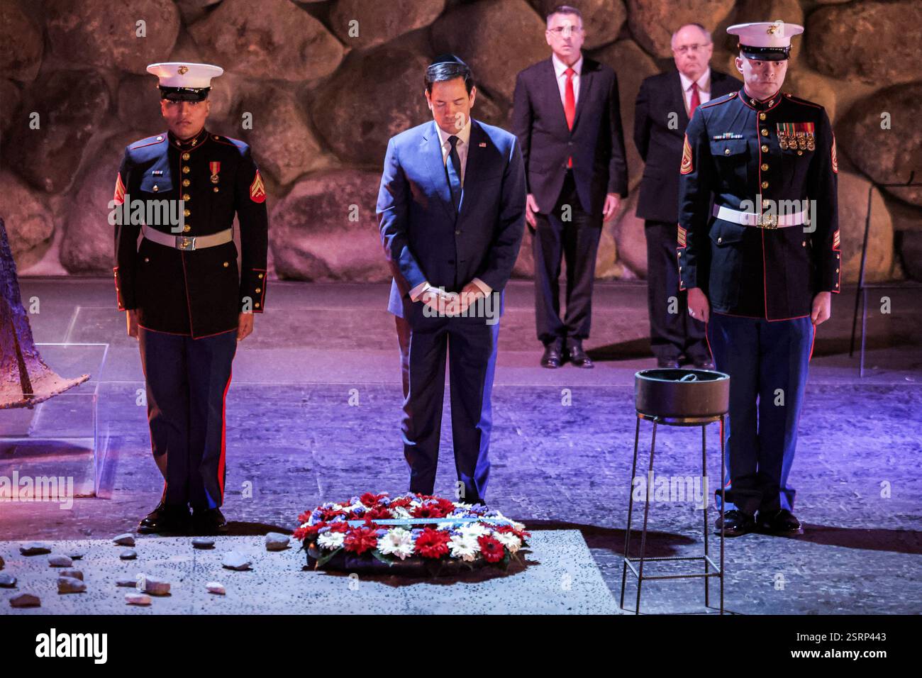 Jerusalem, Israel. 16th Feb, 2025. U.S. Secretary of State Marco Rubio lays a wreath before the ...