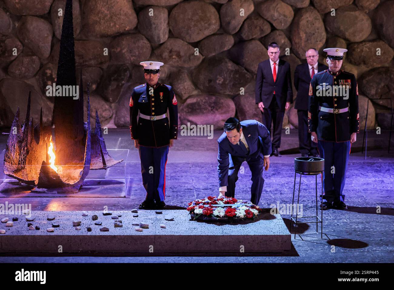 Jerusalem, Israel. 16th Feb, 2025. U.S. Secretary of State Marco Rubio lays a wreath before the ...