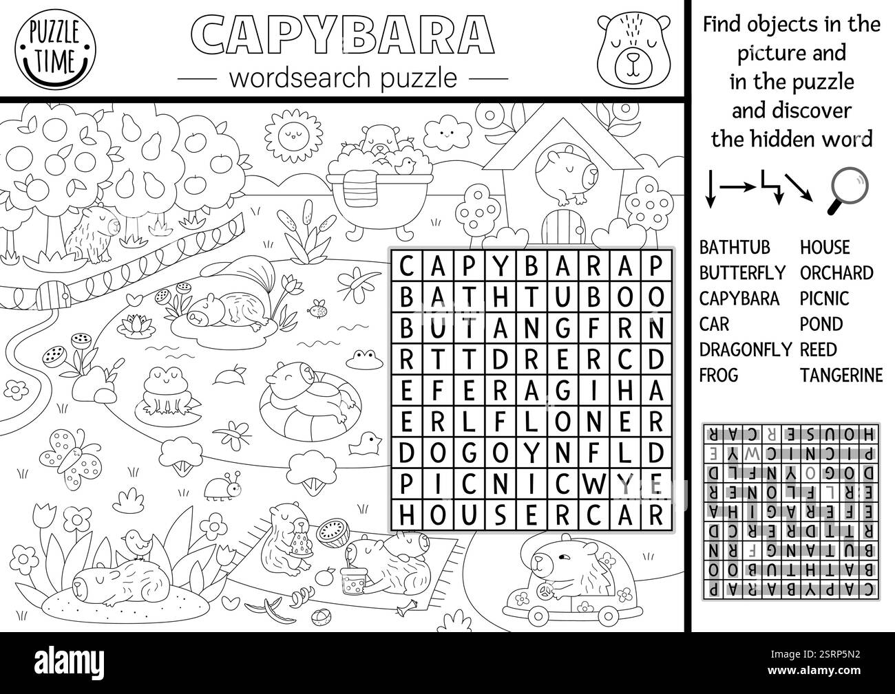 Vector capybara wordsearch puzzle for kids. Black and white word search ...