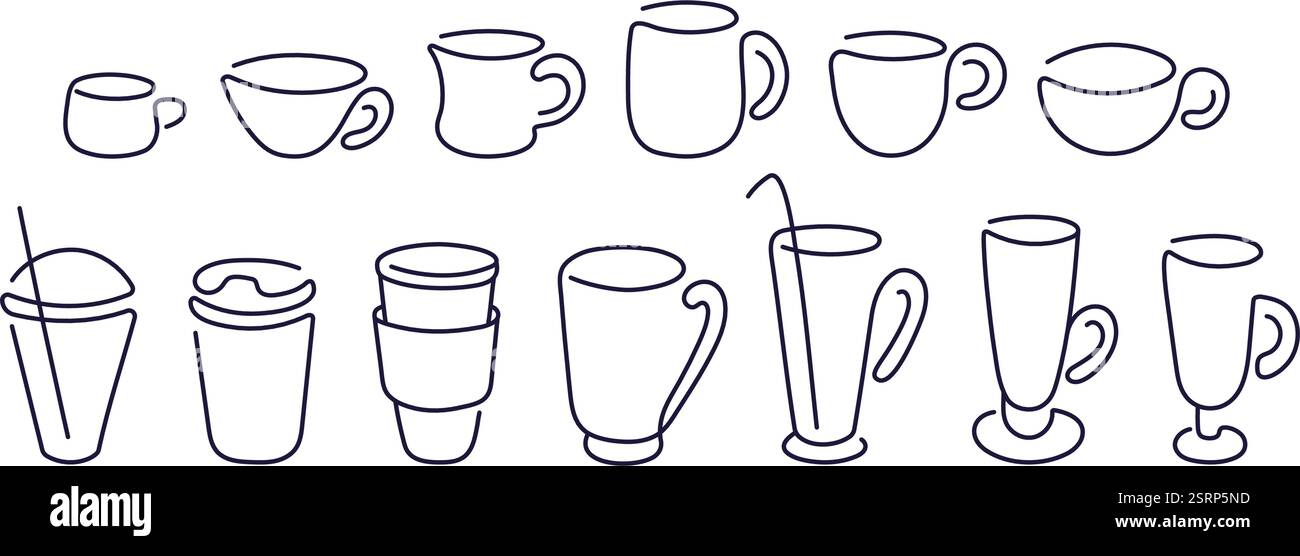 Collection of different line cups. Coffee and tea, hot and cold ...