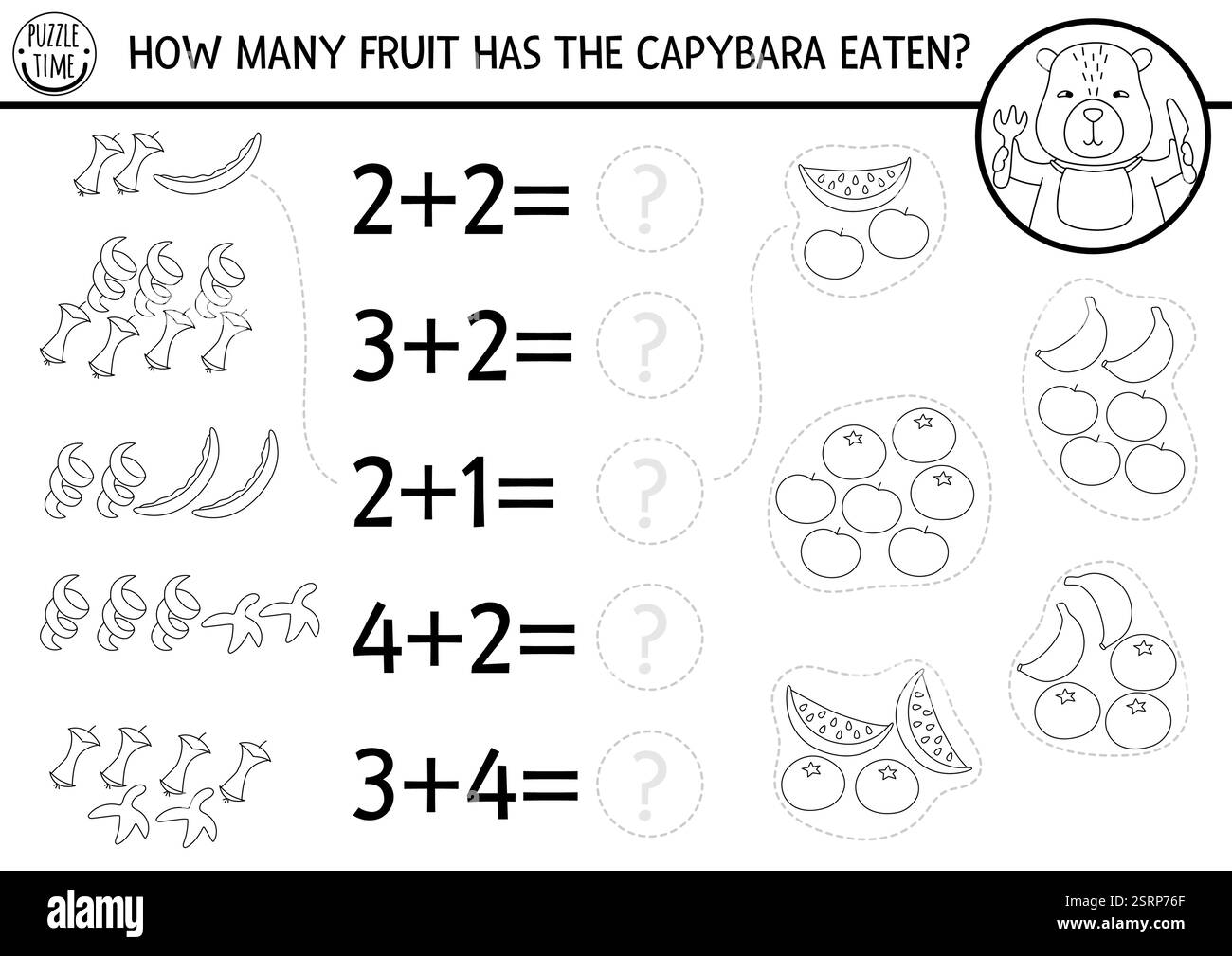 How many fruit black and white game with cute capybara. Capibara math ...