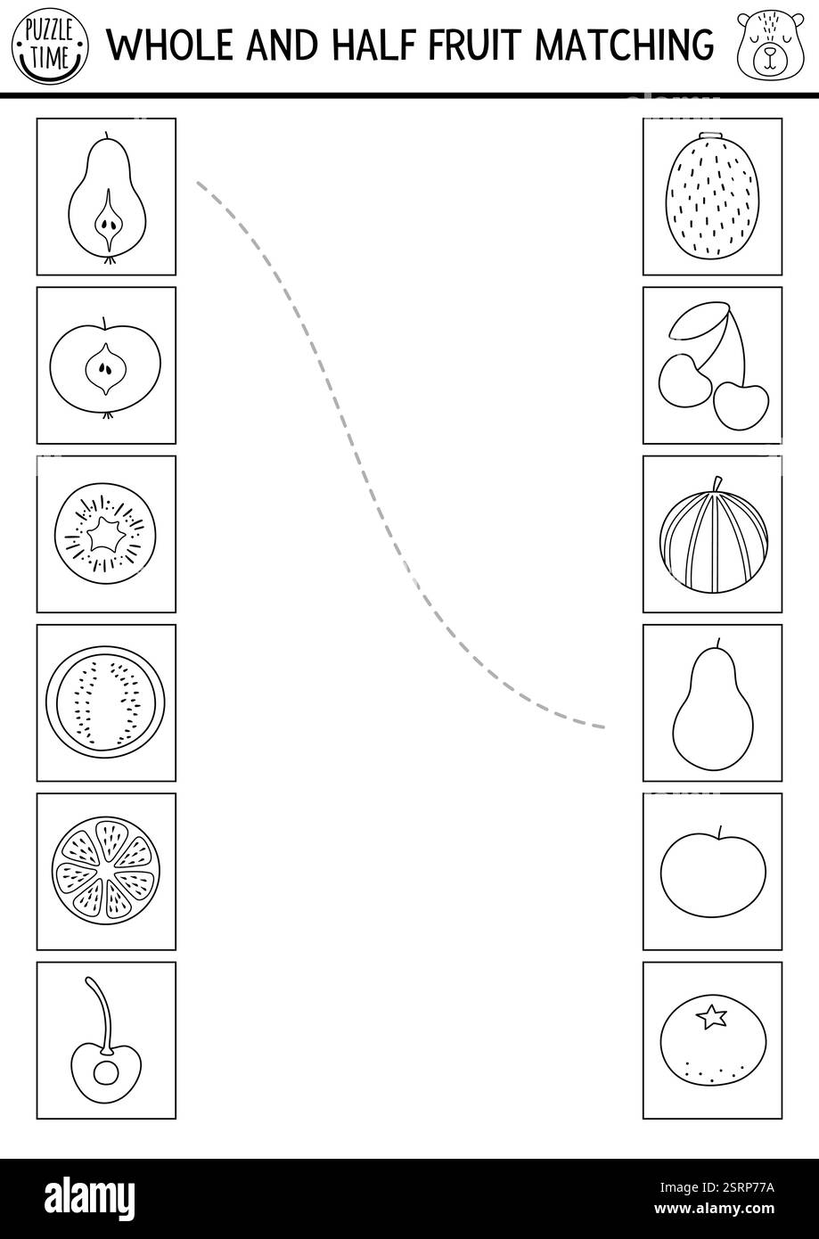 Vector half and whole berry and fruit mix and match puzzle. Black and ...