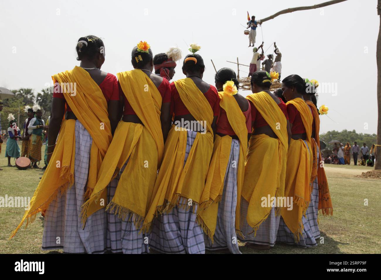 People performing tribal dance, charak stand, birbhum, west bengal ...