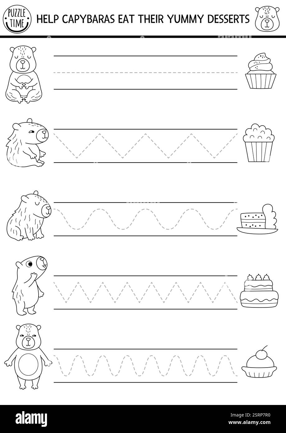 Vector black and white handwriting practice worksheet with capybaras ...