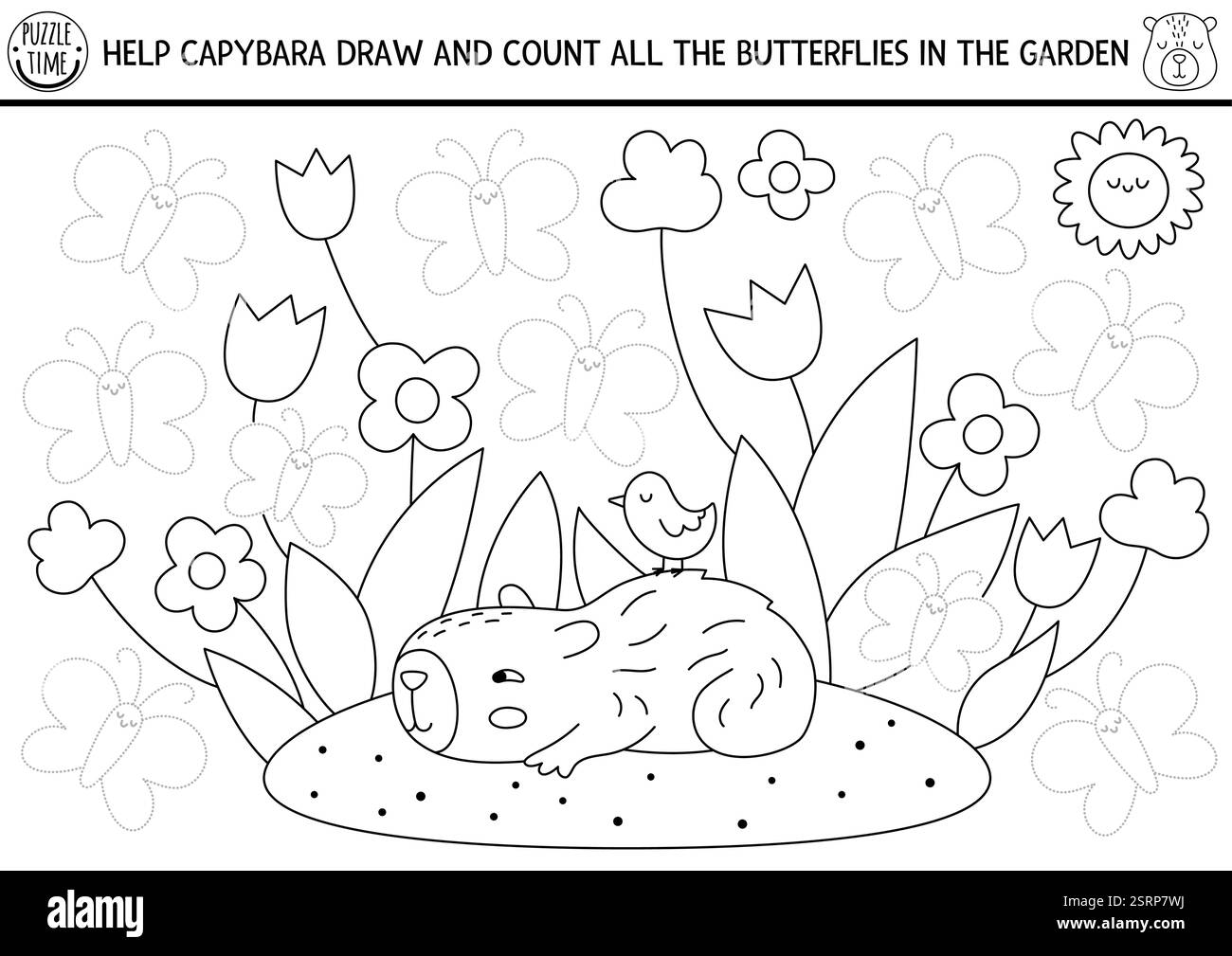 Vector black and white handwriting practice worksheet with capybara in ...