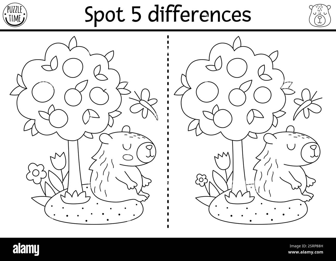Find differences game for children. Capybara black and white ...