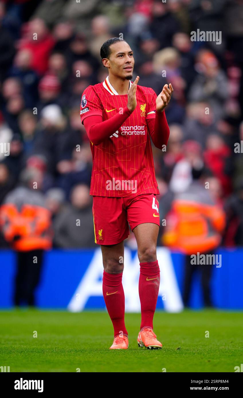 Liverpool's Virgil van Dijk acknowledges the crowd at the final whistle ...