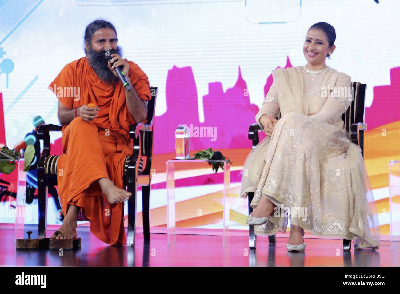 Yoga guru Baba Ramdev and Bollywood actor Manisha Koirala during the ...