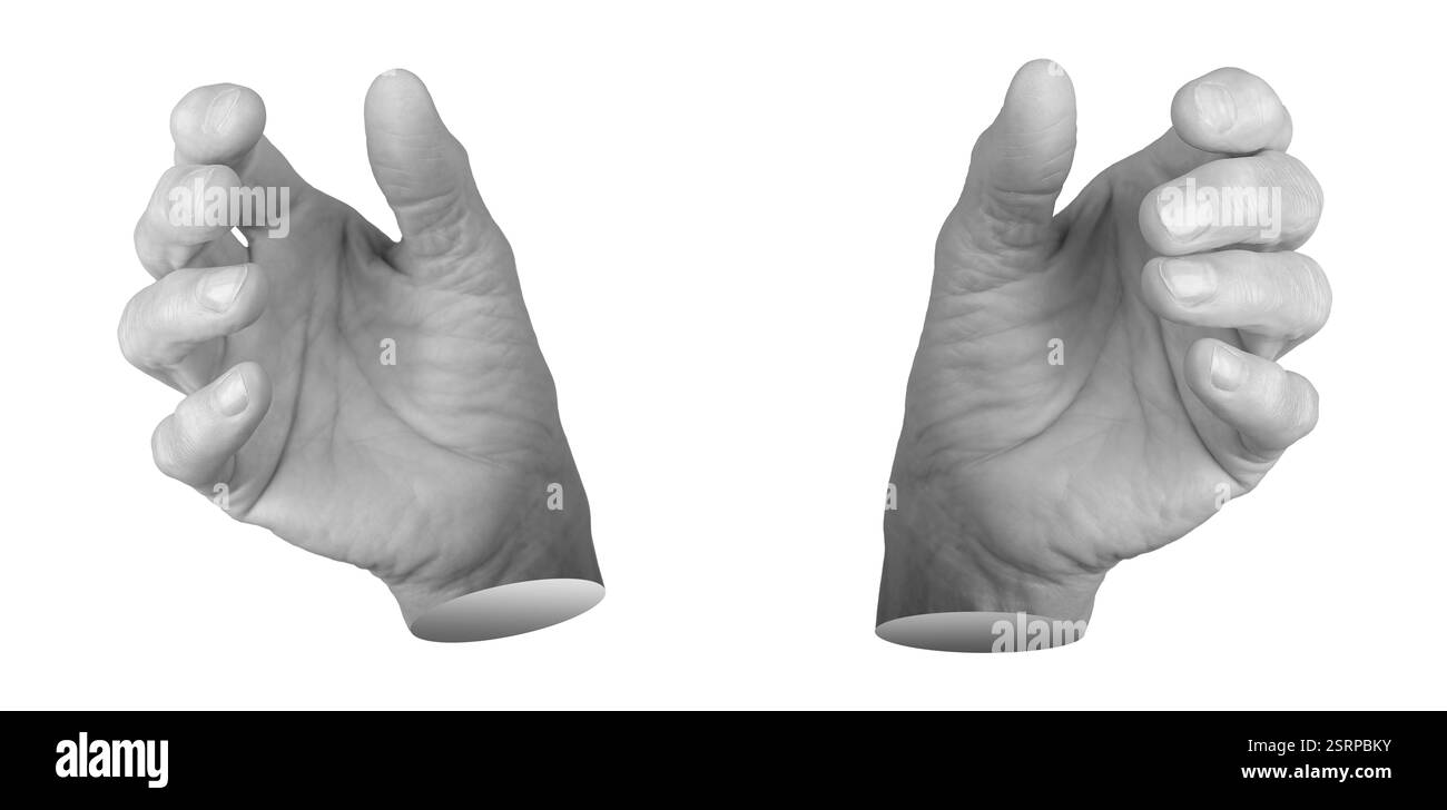 Elderly female hand outstretched in a grasping gesture, fingers ...