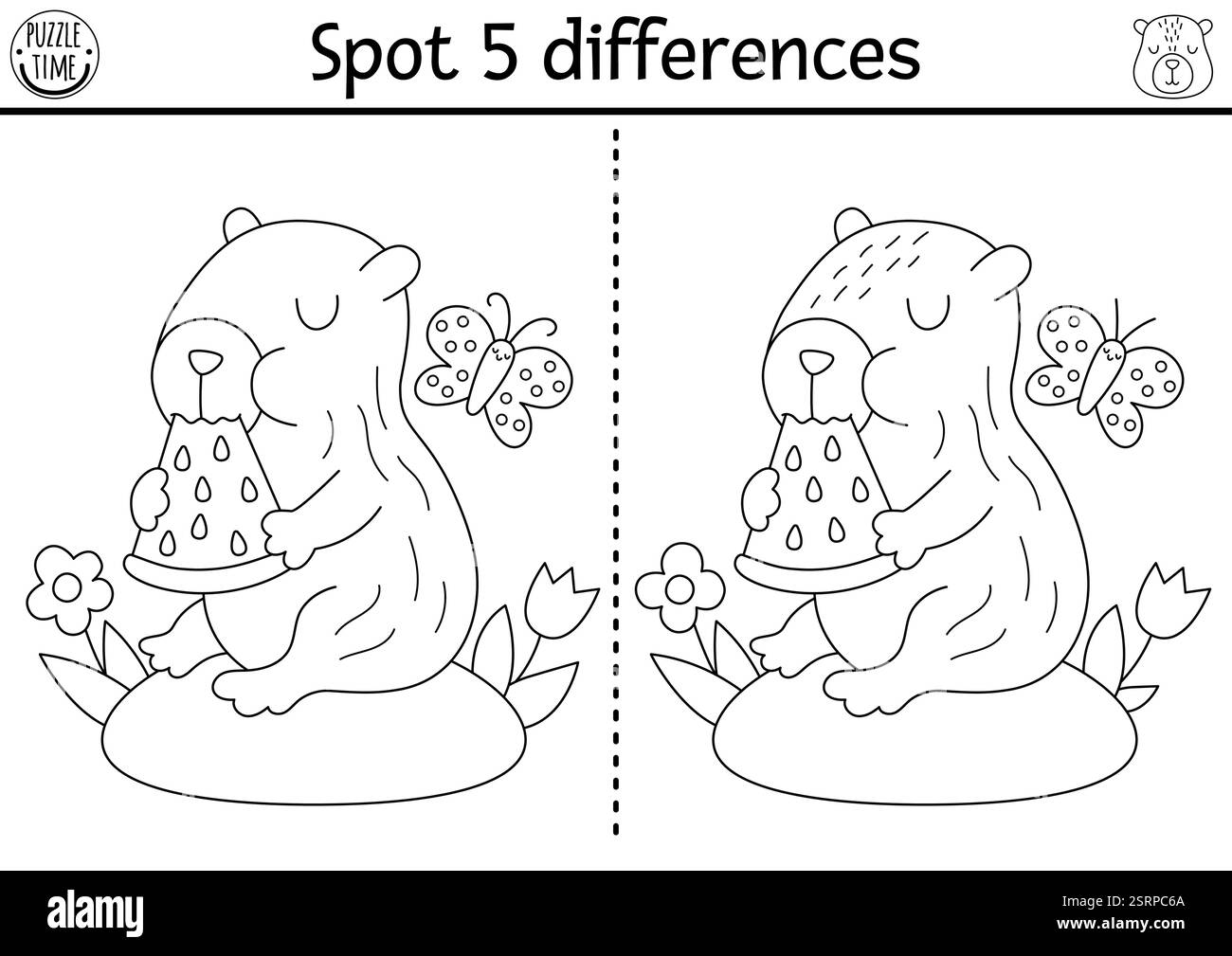 Find differences game for children. Capybara black and white ...