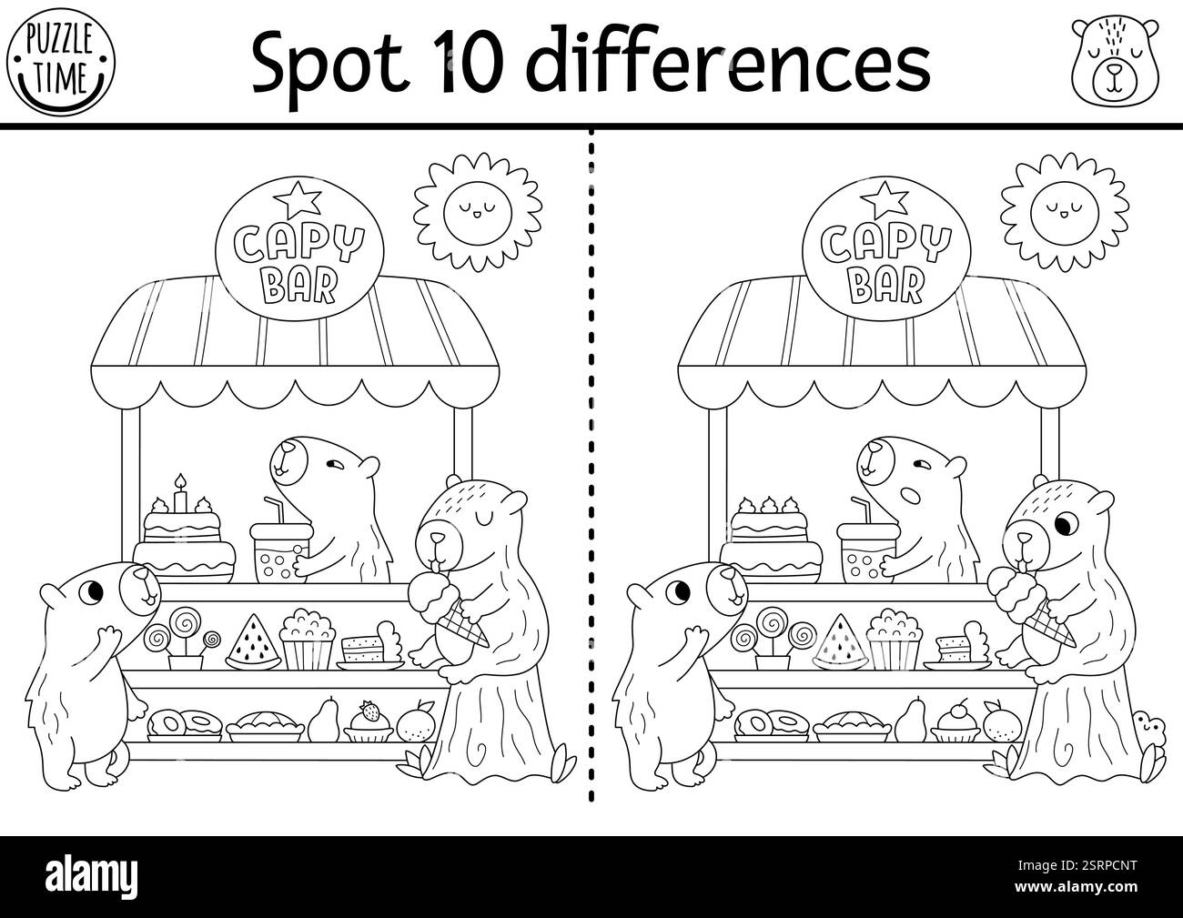Find differences game for children. Capybara black and white activity ...