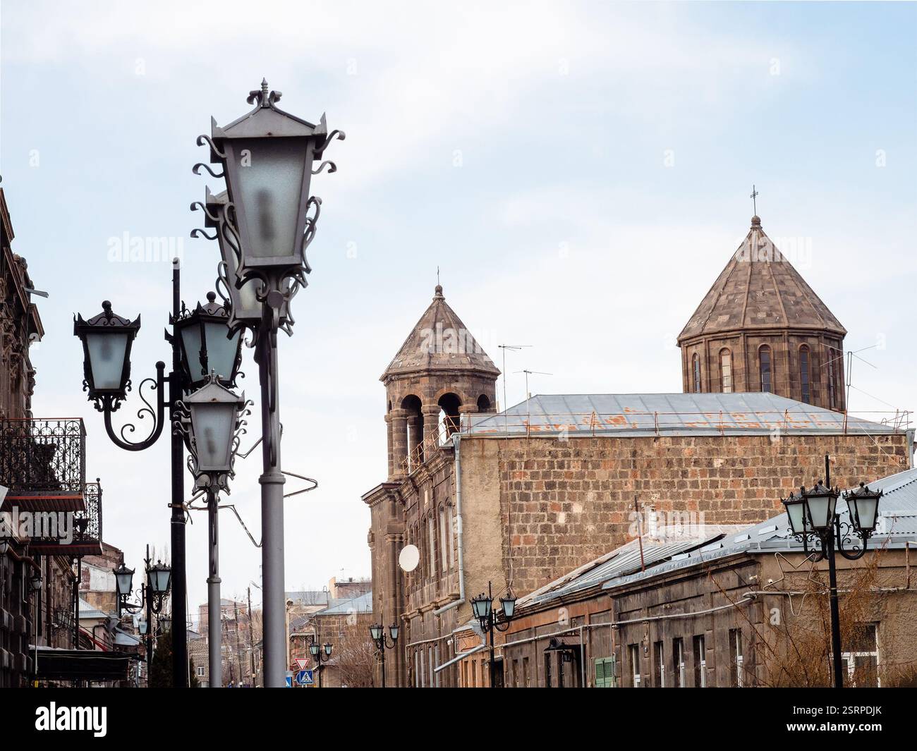 street lanterns and view of Surb Nshan church on Abovyan street in ...