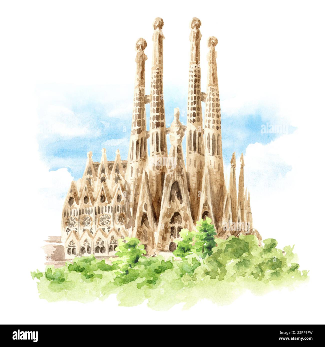 Basilica de la Sagrada Familia in Barcelona, Spain. Watercolor real ...