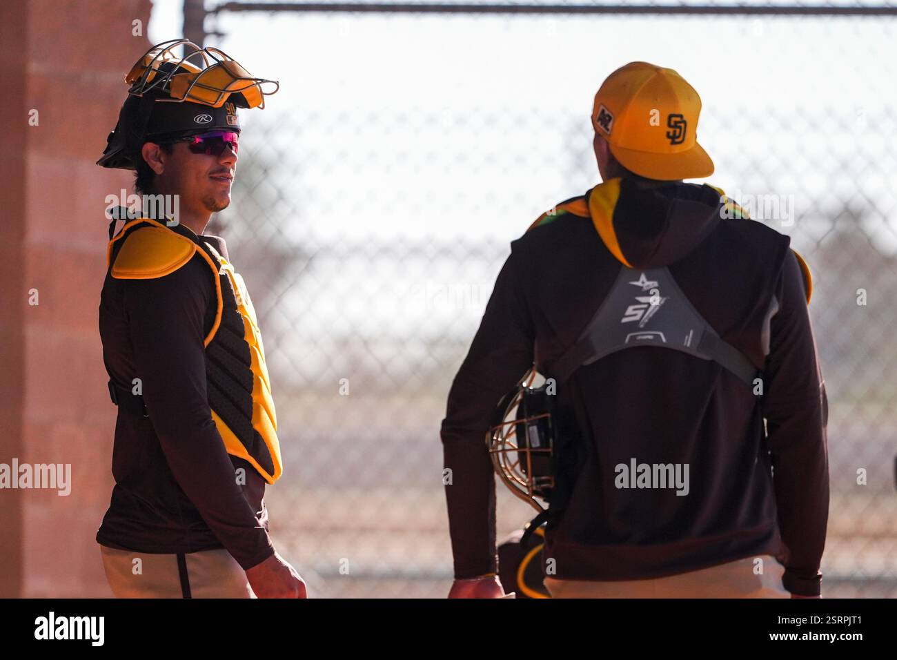 San Diego Padres catcher Ethan Salas looks on during spring training ...