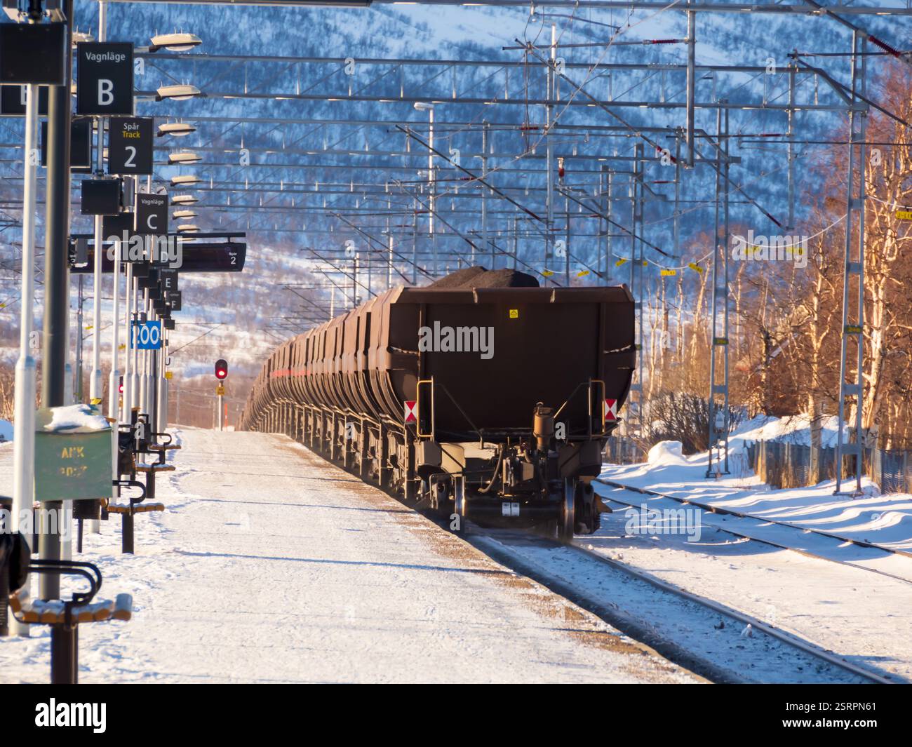 A freight train transporting iron ore from Kiruna, Sweden to Narvik ...