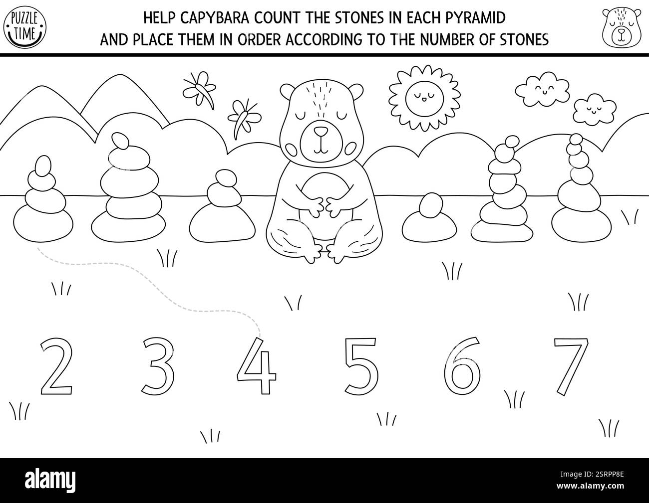 Match the numbers black and white capybara game with stone pyramids ...