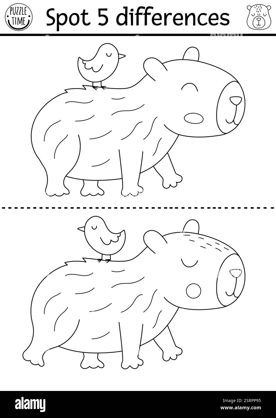 Find differences game for children. Capybara black and white ...