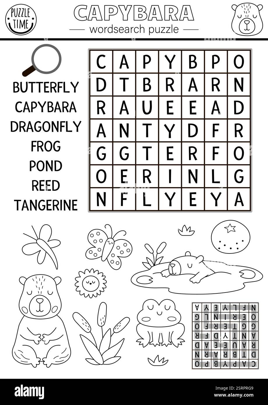 Vector capybara wordsearch puzzle for kids. Black and white word search ...
