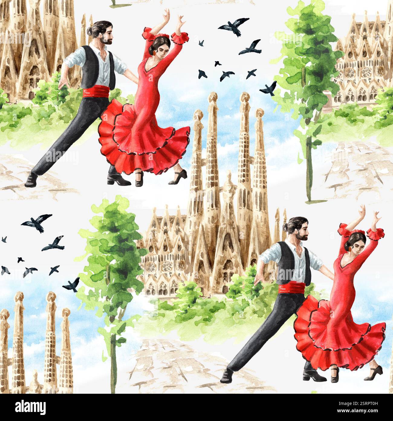 Spain backdrop pattern. Hand drawn watercolor illustration, isolated on ...