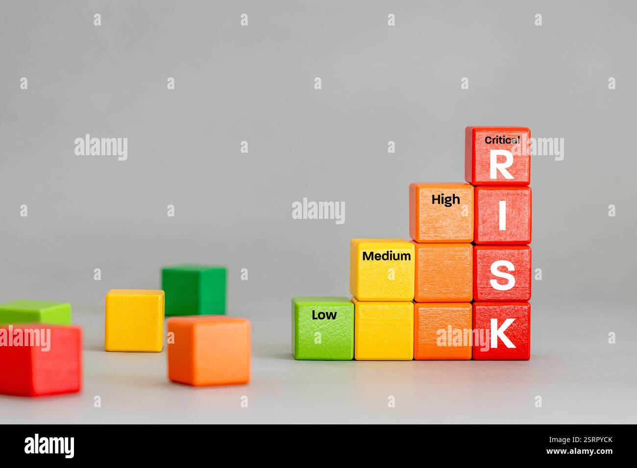 Growing risk. blocks in colors of increasing threat. Word RISK on red ...