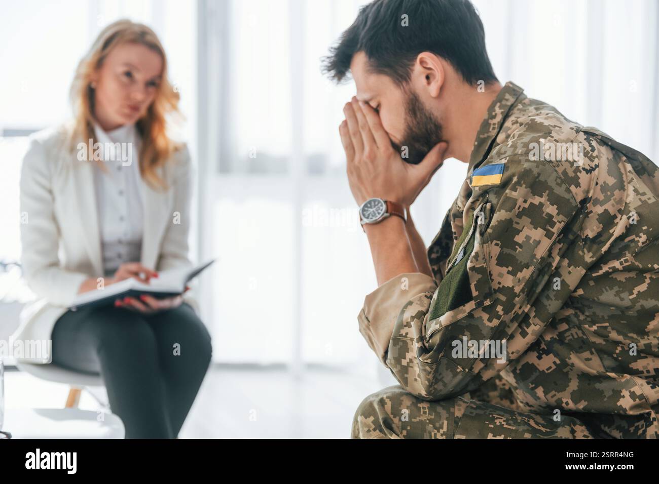 Process of recovery. Soldier have therapy session with psychologist ...
