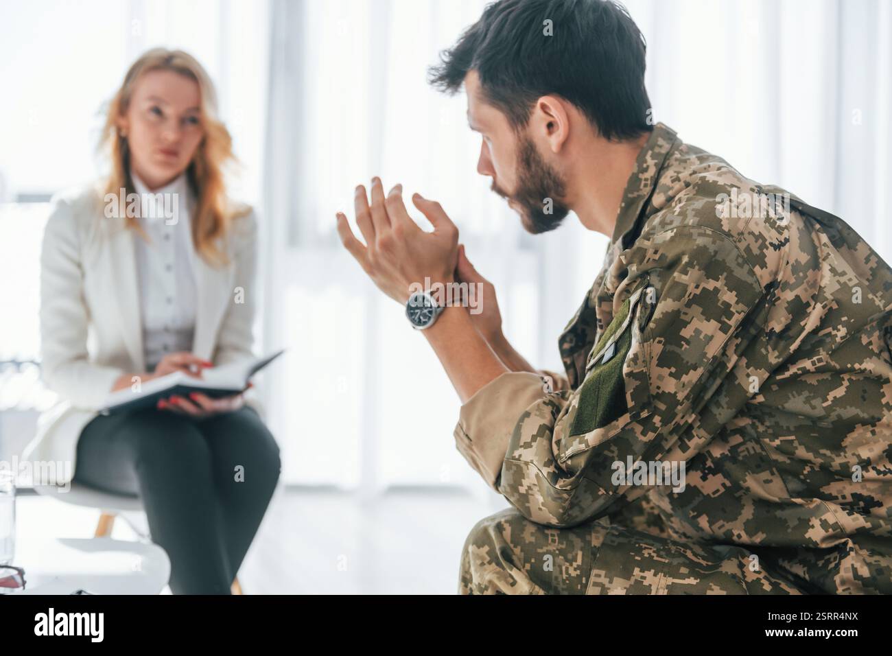 Process of recovery. Soldier have therapy session with psychologist ...