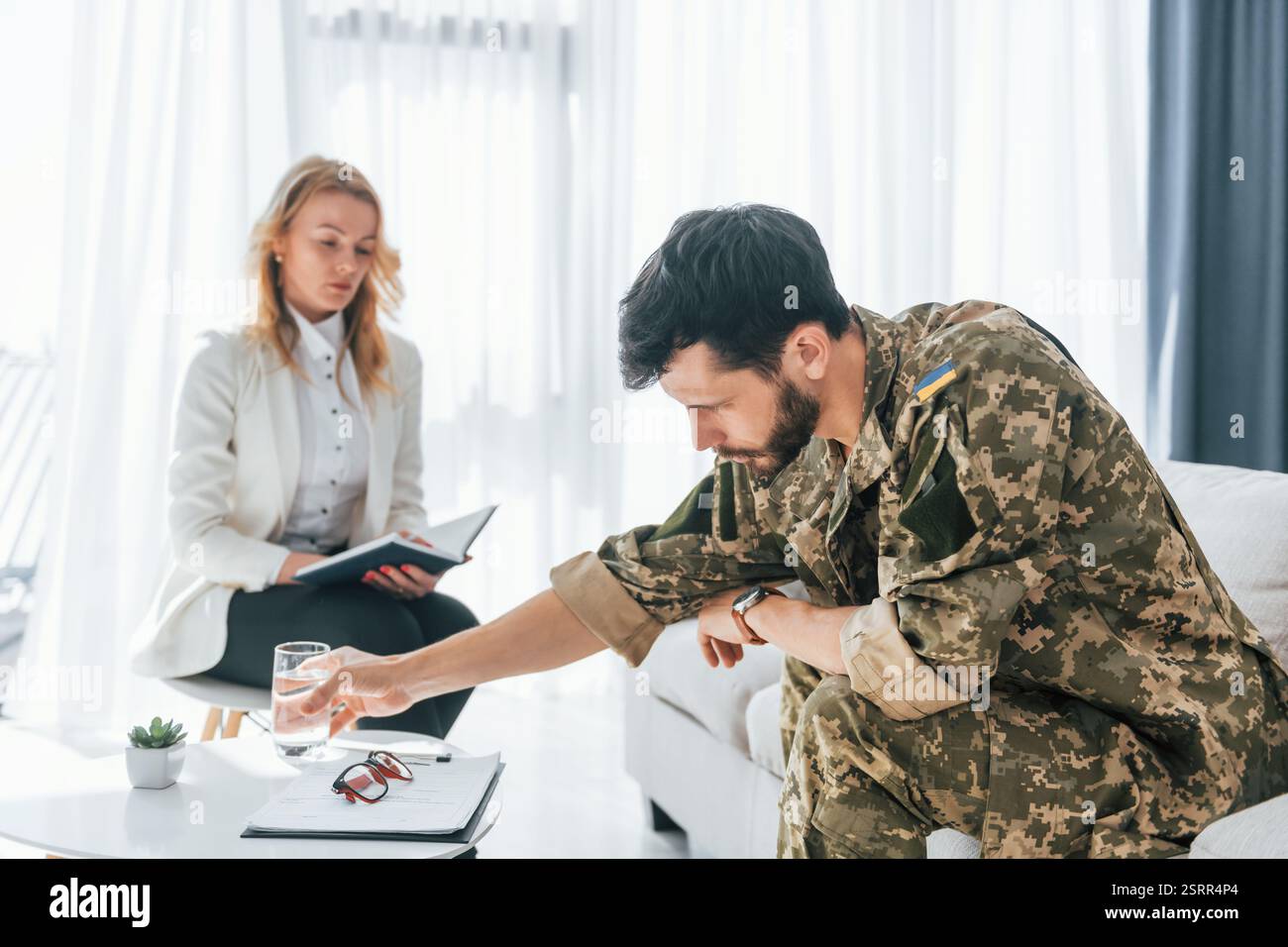Process of recovery. Soldier have therapy session with psychologist ...
