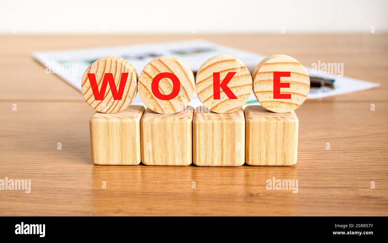 Woke question symbol. Concept word Woke question on beautiful wooden ...