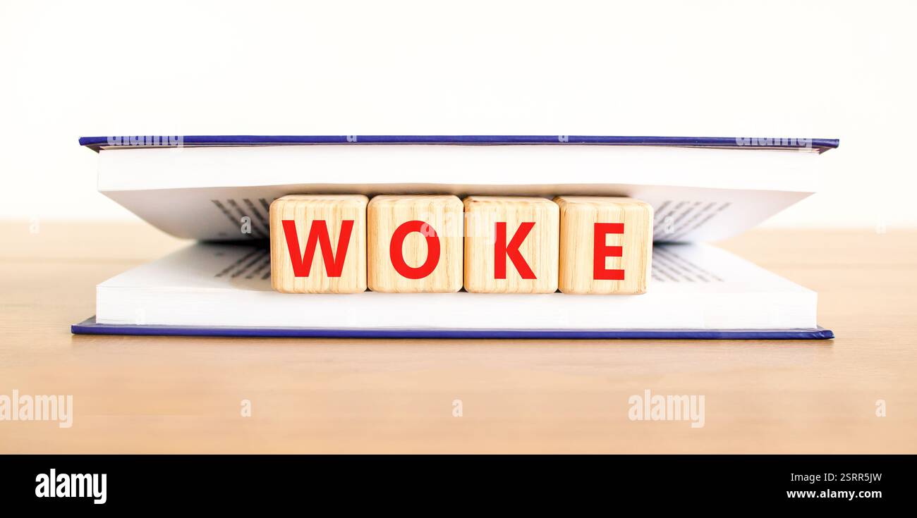 Woke question symbol. Concept word Woke question on beautiful wooden blocks in book. Beautiful ...