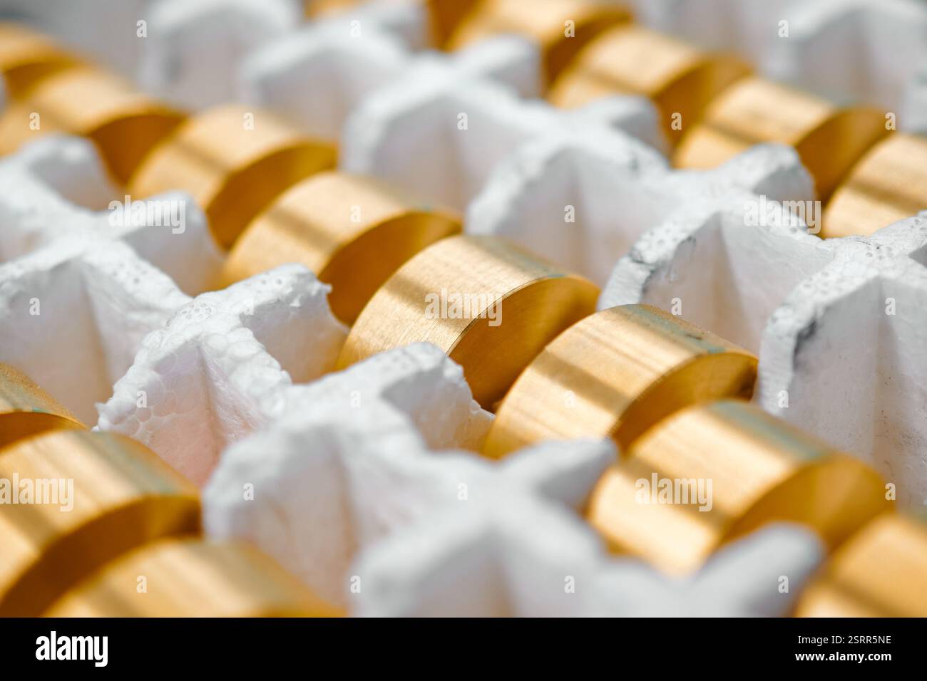 Brass cylinders arranged neatly for precision metalworking in a bright ...