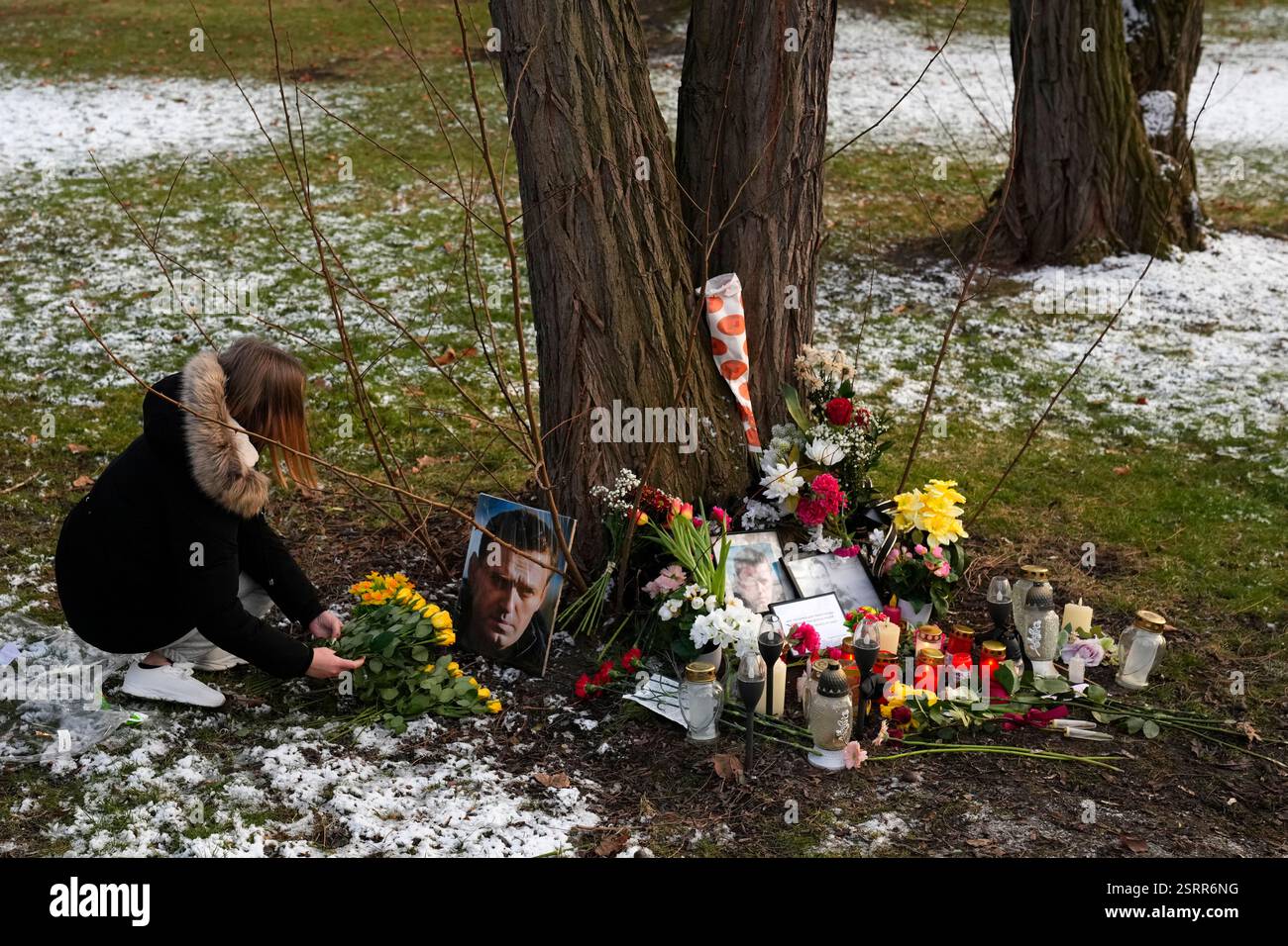 A woman places flowers by a photograph of Russian opposition leader ...