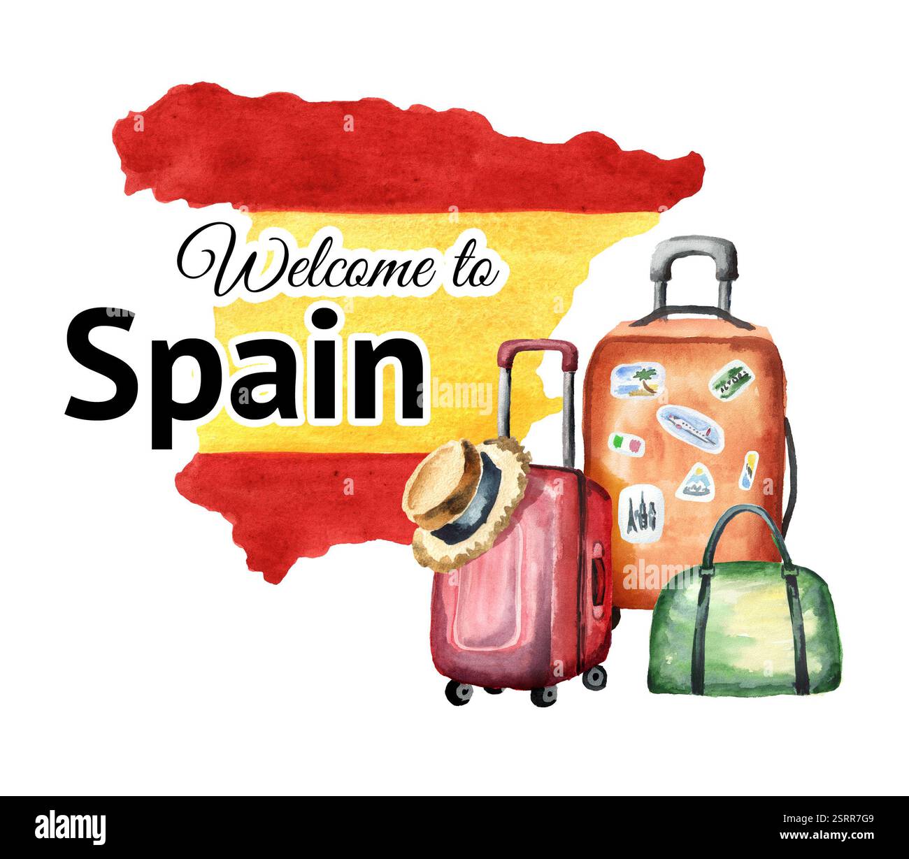 Travel bags and Spanish Flag. Welcome to Spain card. Watercolor real ...