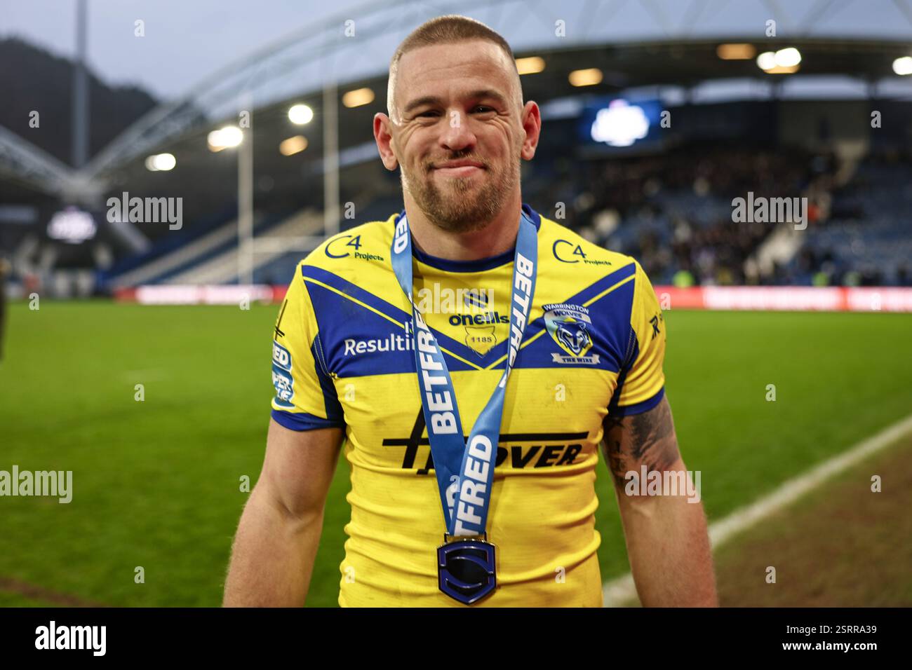 Huddersfield, UK. 16th Feb, 2025. Matt Dufty of Warrington Wolves wins ...