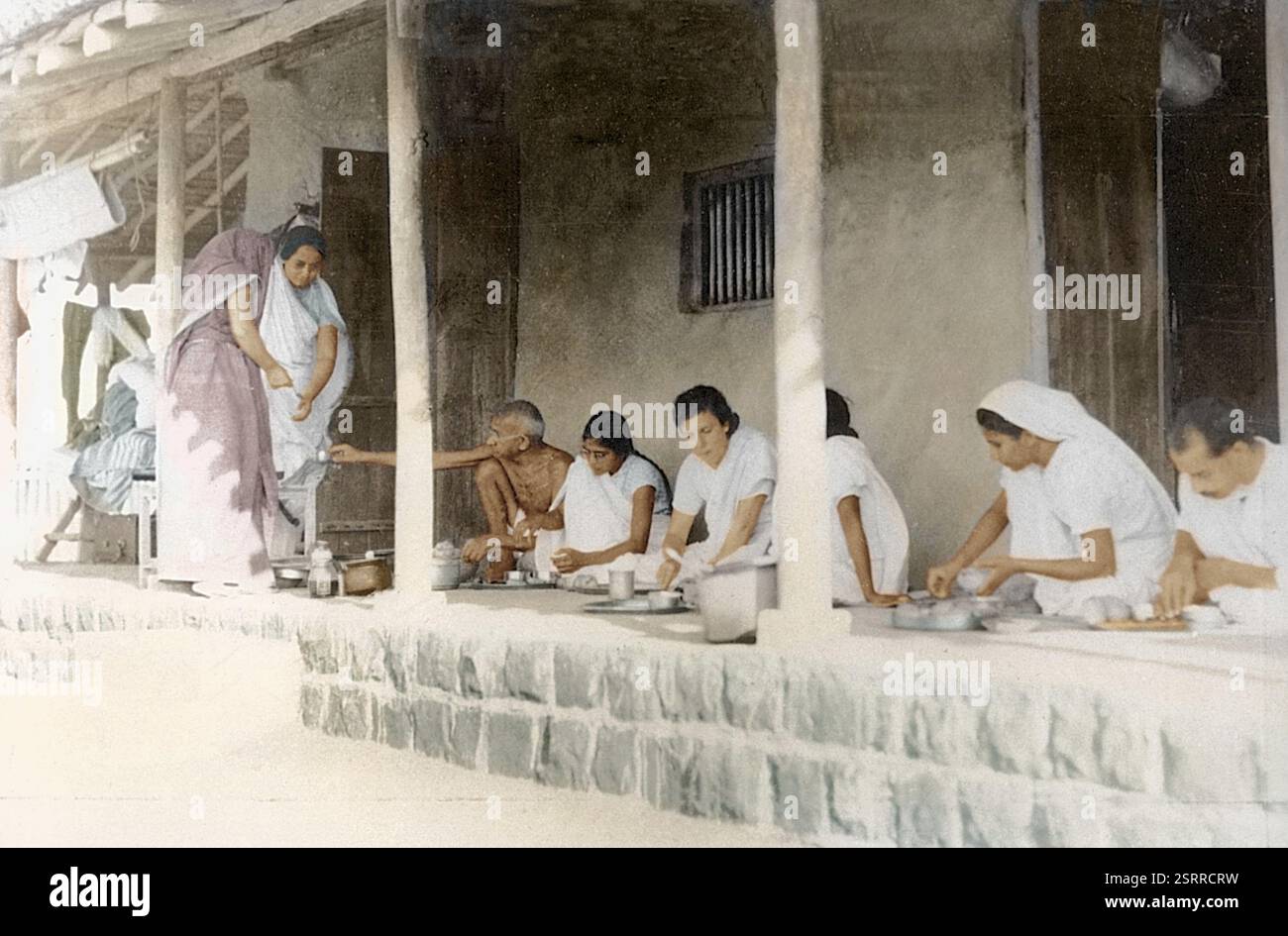 Mahatma Gandhi and others taking dinner Sevagram Ashram, Wardha, India ...